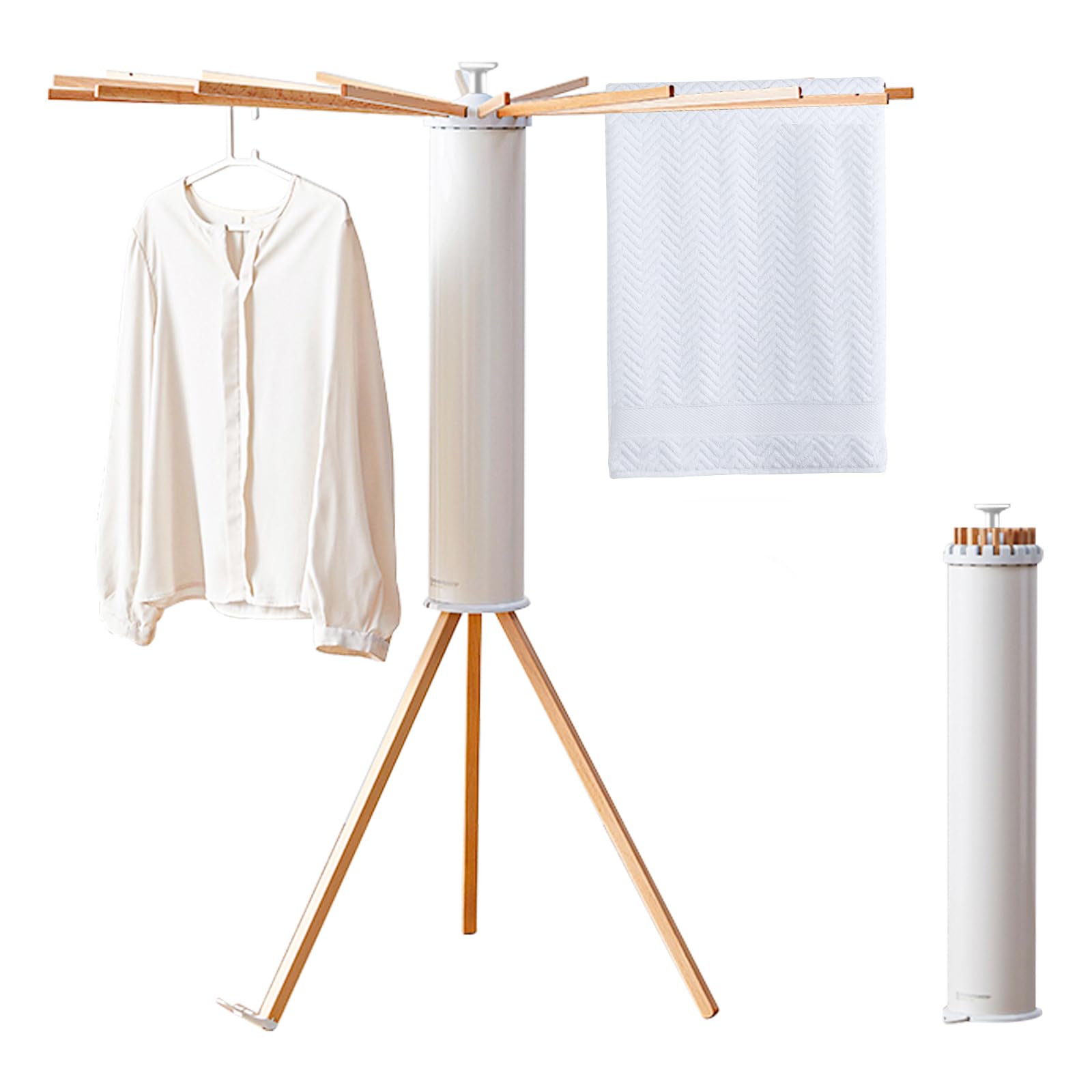 ESARR Cylinder Tripod Drying Rack, Solid Wood Octopus Standing Drying Rack Clothing, Foldable Space Saving Laundry Drying Rack, Collapsible Drying Racks for Laundry Tripod,16 Dry Rods