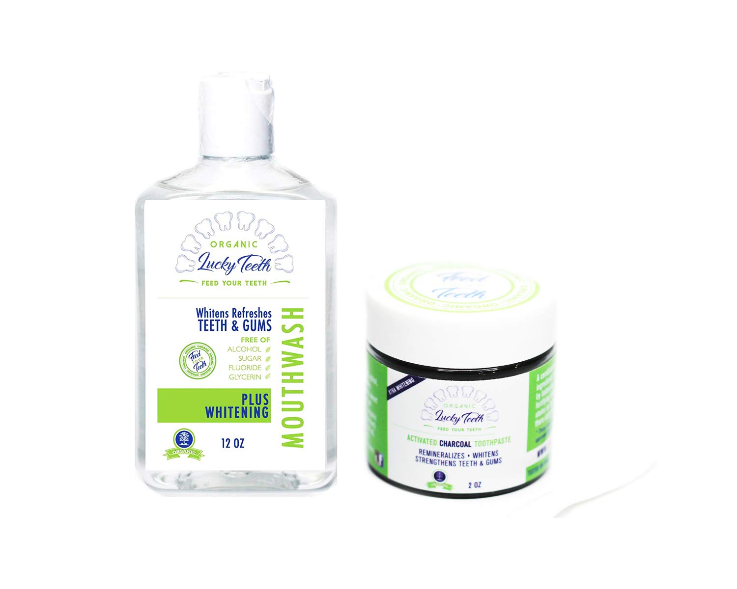 Organic Oral Care Pack - Food Grade Peroxide Whitening Mouthwash + Activated Coconut Charcoal Toothpaste - by Lucky Teeth.