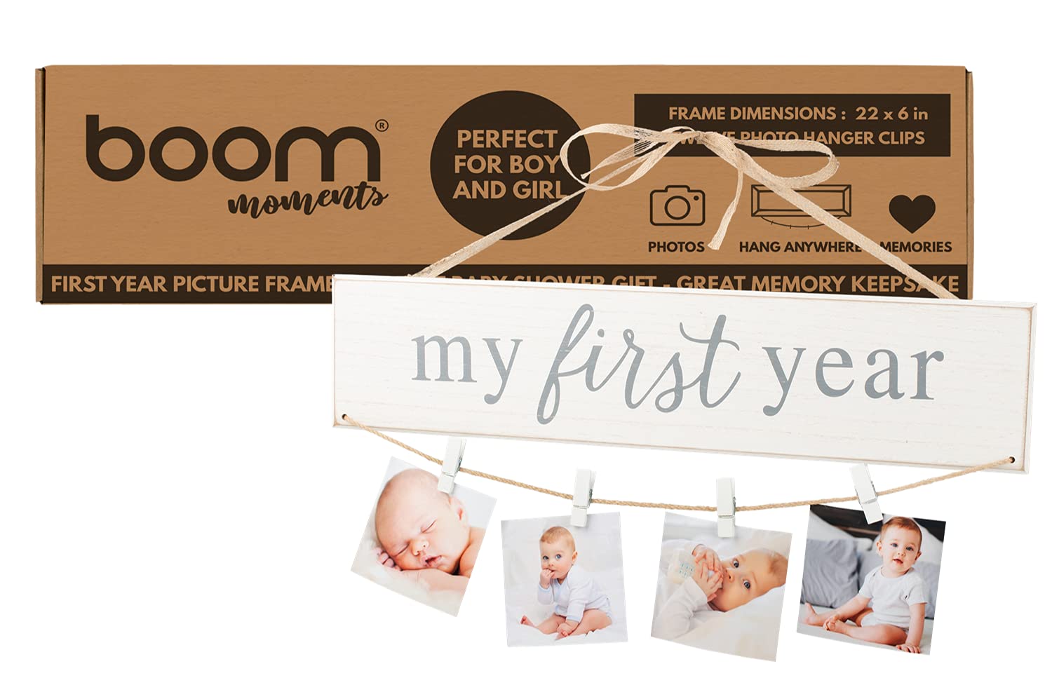 Baby´s First Year Frame | Awesome Gift for Expecting Parents | Hang Picture Frame for Photo Memories | Newborn Keepsake Frame (22 x 5 Inches)