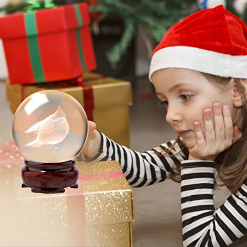 LITIALLY 2.4inch (60mm) 3D Cardinal Bird Crystal Ball with Decorative Wooden Stand for Home Decorative Ball, Paperweight. 2023 Version Gift for Bird Lovers, Grandma, Children