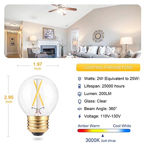 Dimmable A15 LED Bulb, 2W E26 Globe Light Bulbs, 25 Watt Incandescent Bulb Equivalent, 3000K Soft Warm White, Clear Glass, Small Round Filament Bulbs for Ceiling Fans, Bathroom Vanity, 6 Pack