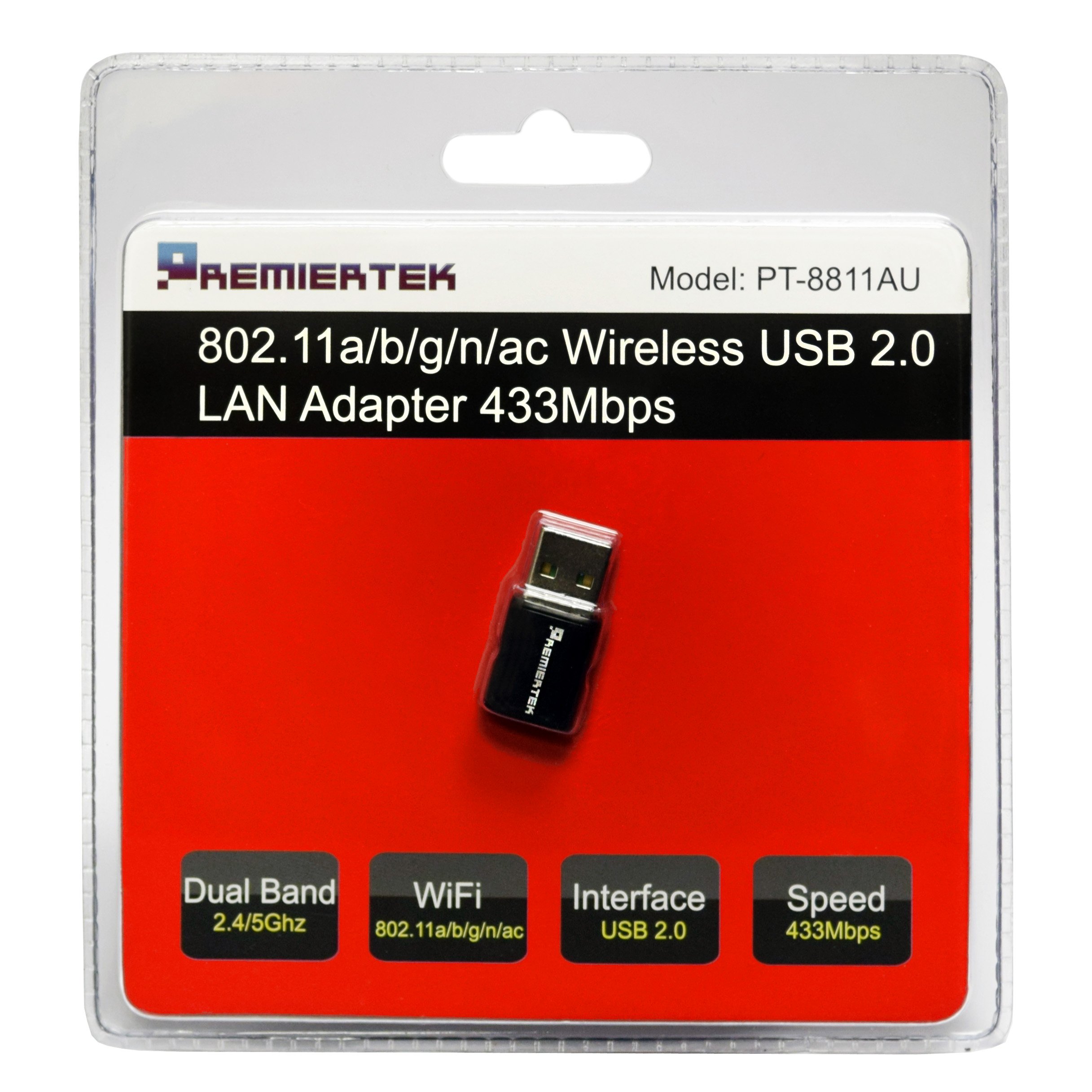 Premiertek 802.11a/b/g/n/ac Dual Band 2.4GHz/5GHz Wireless USB 2.0 LAN Adapter up to 433Mbps (PT-8811AU)