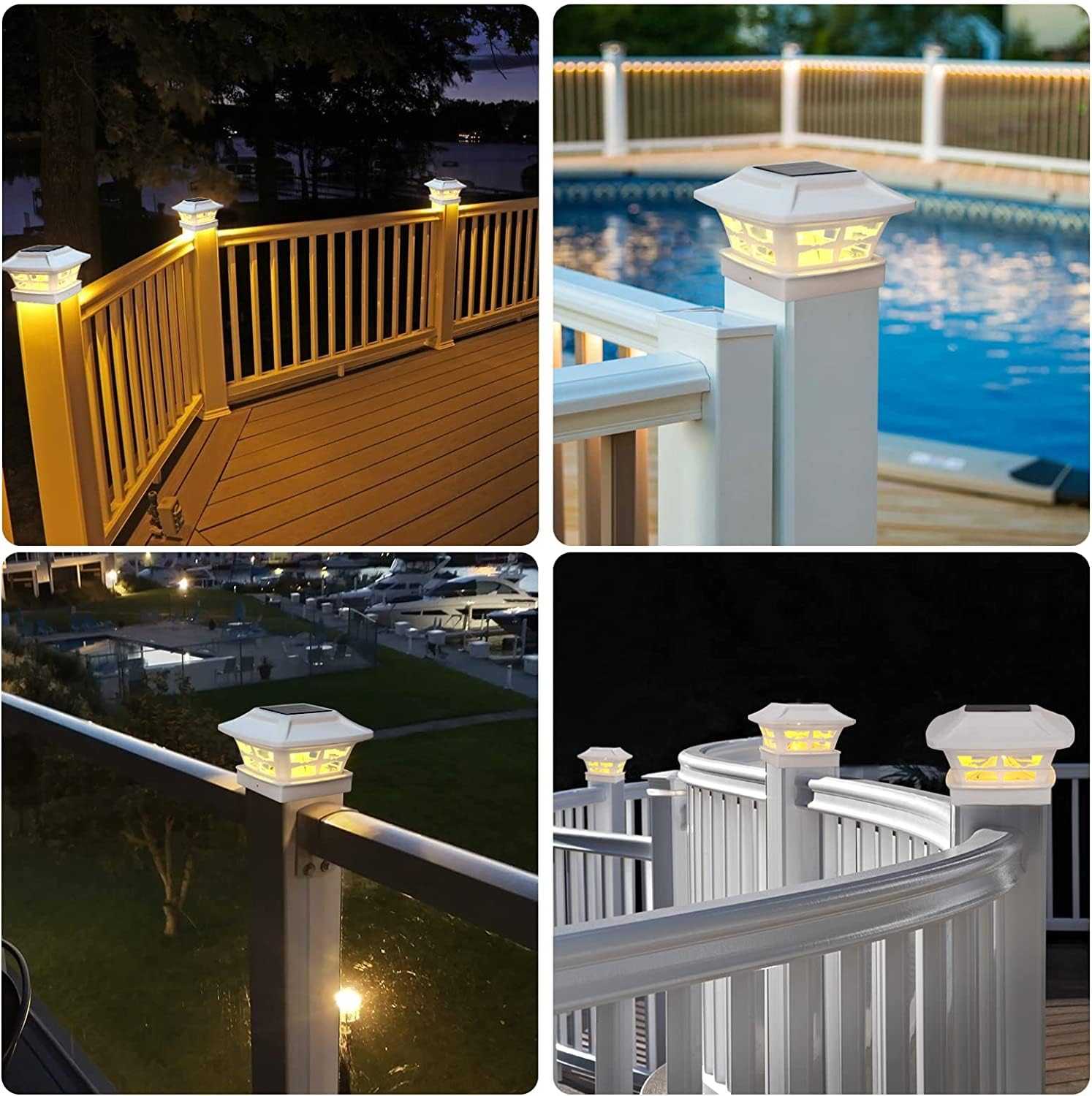 LamQee White Solar Post Caps Solar Post Lights Outdoor Waterproof Warm/Cool White 2 Modes Post Cap Lights for Deck Solar Powered Led Post Cap for Vinyl Fence Post Solar Lights 4X4 8 Packs