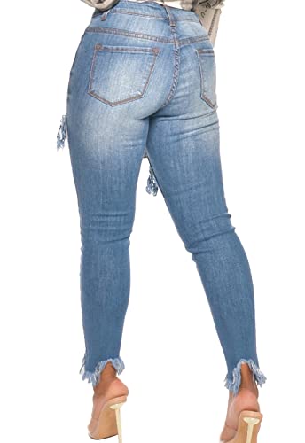 FairBeauty Women's Skinny Stretch Jeans Frayed Raw Hem Slim Fit Jeans Ripped Denim Pants Blue-a