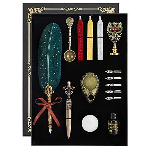 Karhood Quill Pen and Ink Set - Feather Calligraphy Dip Pen with Wax Seal Stamp Kit and 5 Nibs (Dark Green)