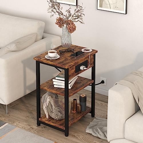 End Tables Set of 2 with Charging Station and USB Ports, 3-Tier Narrow Side Table Bedside Table with Power Outlets for Small Space Living Room Bedroom, Nightstands with Storage Shelves, Rustic Brown