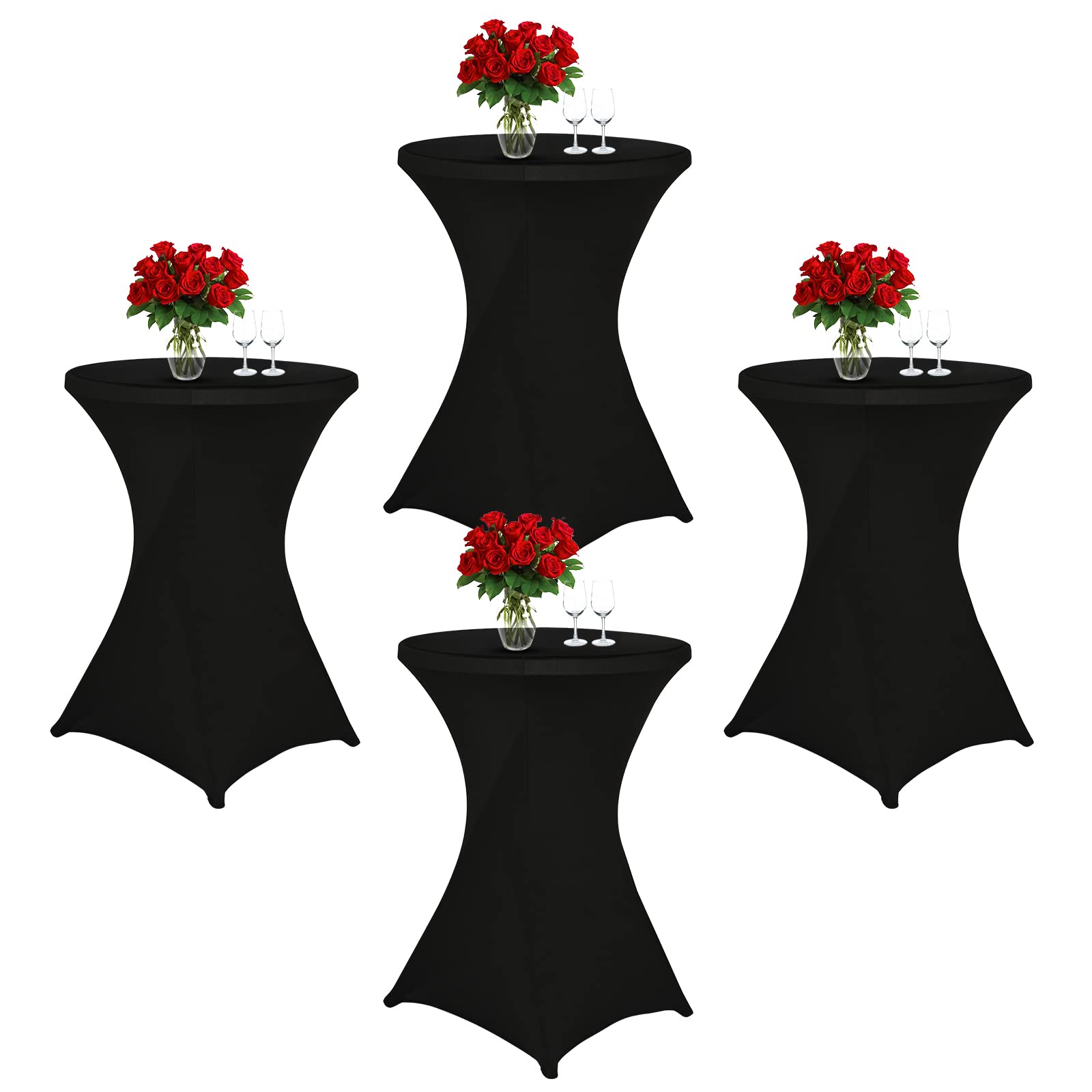 LOKUME 4 Pack Cocktail Spandex Stretch Square Corners Tablecloth 32" x 43" Black Cocktail Table Covers, Fitted High Top Spandex Cocktail Table Tablecloth for Bar Wedding Cocktail Party Banquet