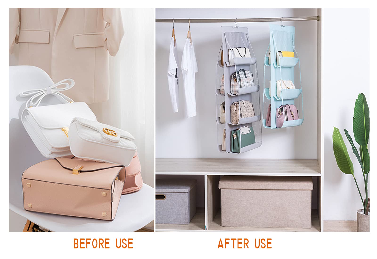 MURRI&MURRDI 2 Packs Hanging Handbag Organizer for Closet, Purse Storage Holder with 8 Easy Access Clear PVC Pockets, Purse Hanger for Wardrobe Space Saving Organizer (2 Gray)