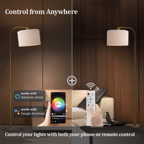 FINNCHY Gold Floor Lamp with Remote Control, Adjustable Height Arc Floor Lamps for Living Room, Modern Gold Standing Lamp Boho Floor Lamp for Bedroom, Smart Dimmable Floor Lamp with 9W LED Bulb