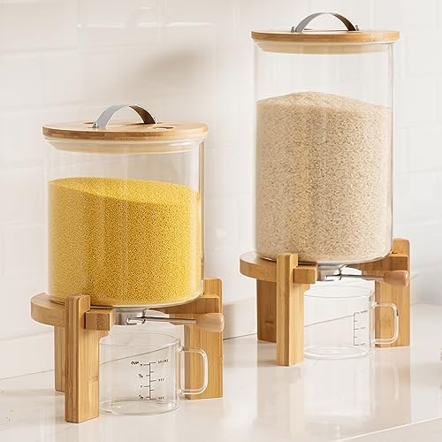 HBlife Glass Rice Dispenser with Wooden Stand Flour and Cereal Container with Glass Measuring Cup Pantry Food Organization Storage Bin with Airtight Bamboo Lid, 5L