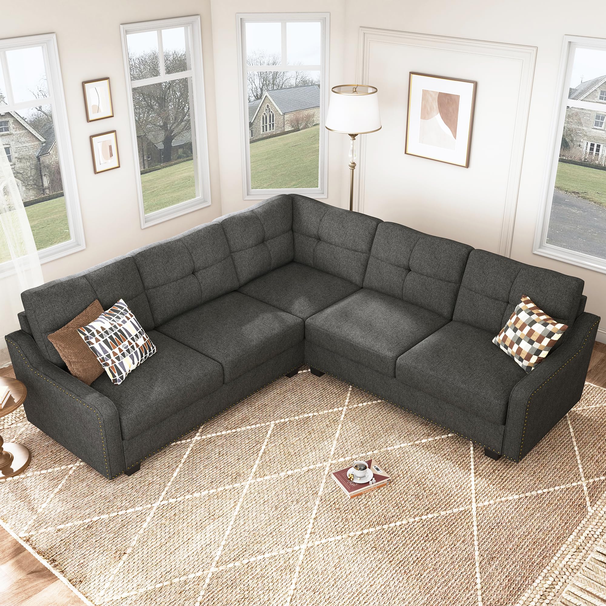 HONBAY Convertible Sectional Sofa L Shaped Couch for Small Apartment Reversible Sectional Couch for Living Room,Velvet Black