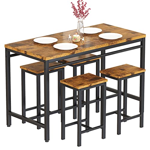 Lamerge Dining Bar Table Set for 4, Modern Counter Height Table and 4 Bar Stools, 5 Piece Bar Table and Chairs Set for Small Spaces, Apartment, Pub, Dining Room, Kitchen (Rustic Brown)