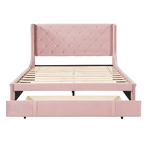 FIQHOME Queen Size Storage Bed,Velvet Upholstered Platform Bed with Wingback Headboard,Solid Wood Bed Frame with a Big Drawer,for Bedroom Guestroom,Easy Assembly,Pink