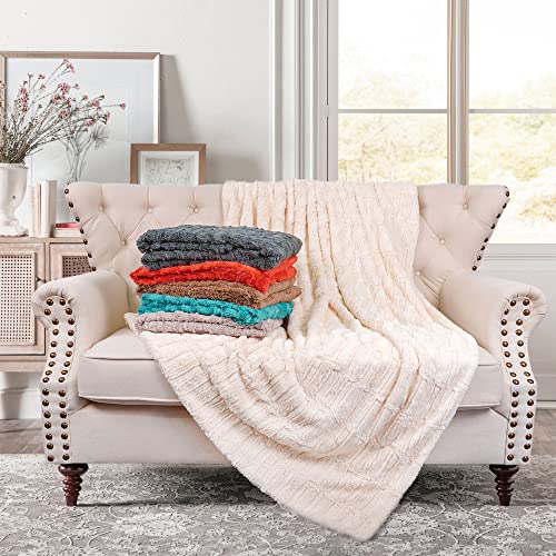 Home Soft Things Ivory Saga Double Sided Faux Fur Throw, 50" x 60", Comforable Soft Cozy Throw Blanket for Chair Bedroom Living Room Sofa Couch Bed Outdoor Travel