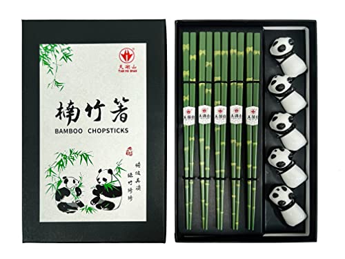 LANHUTHS Wooden Chopsticks Reusable 5 Pairs Gift Set with 5pcs porcelain rest Panda and Green Bamboo Design Hand-Made 8.8 Inch/22.5cm