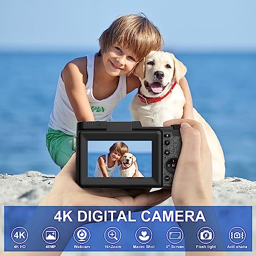 Kmnuiey Camera, 4K Digital Camera for Photography with 3'' 180°Flip Screen, Autofocus 48MP Video Cameras for YouTube with 16X Digital Zoom, 2 Batteries and Charging Cable for Travel