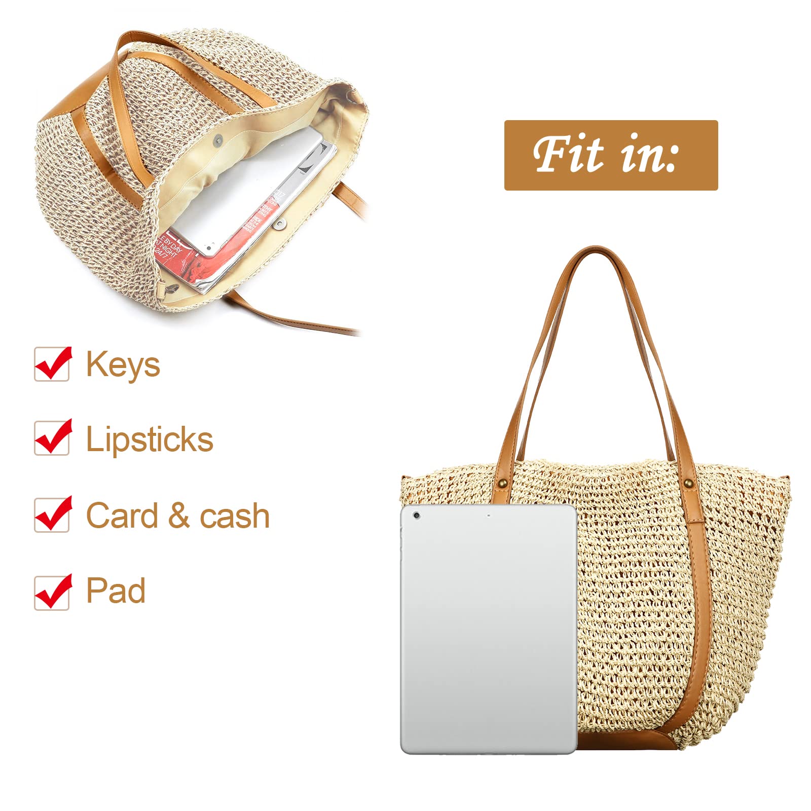 Gets Handmade Beach Bag for Women Straw Bag Handwoven Natural Summer Shoulder Bag (Beige)