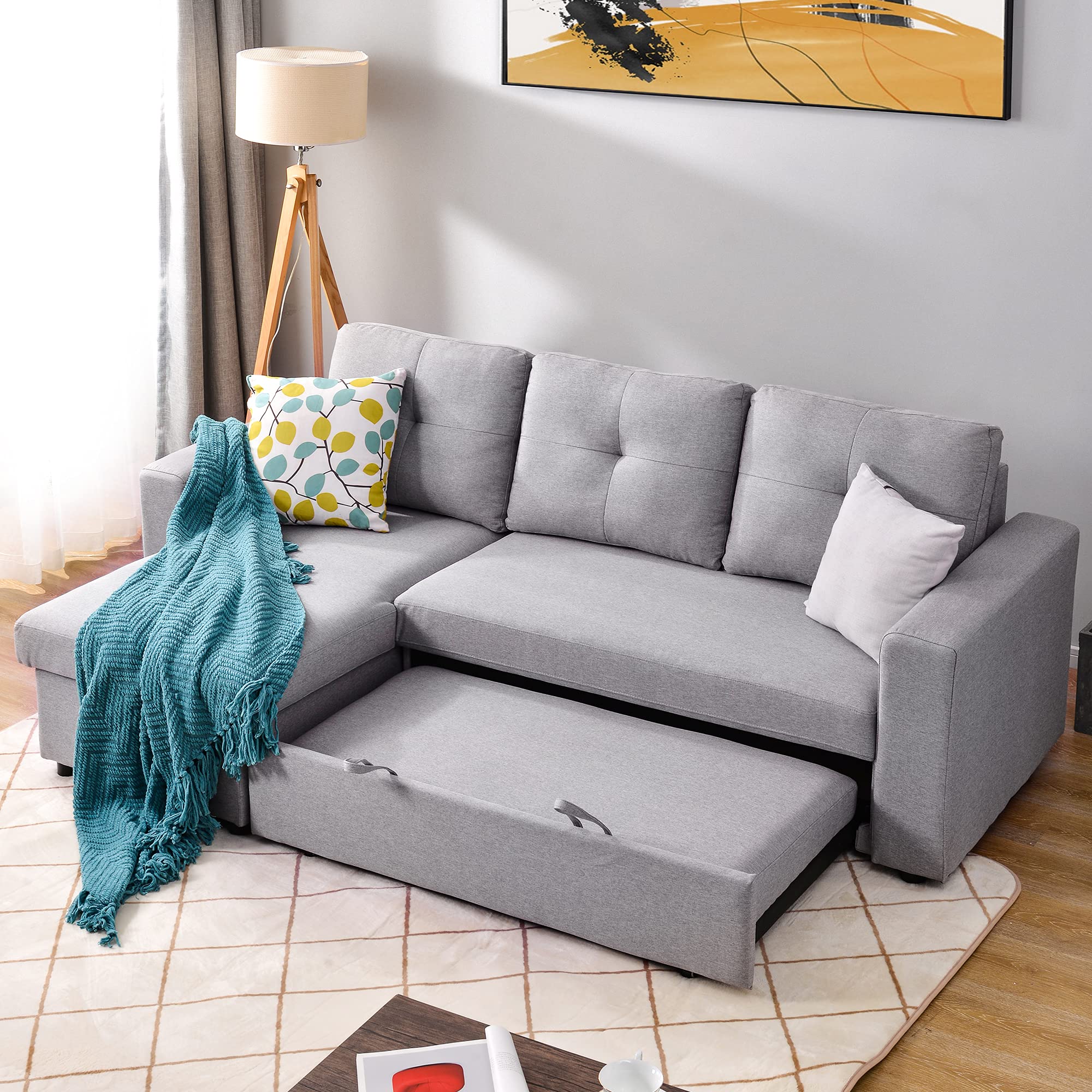 Longrune Reversible Sectional Sofa Bed with Pull Out Sleeper, Corner Storage Chaise Couch for Living Room & Apartment, L-Shaped, 90inch, Gray