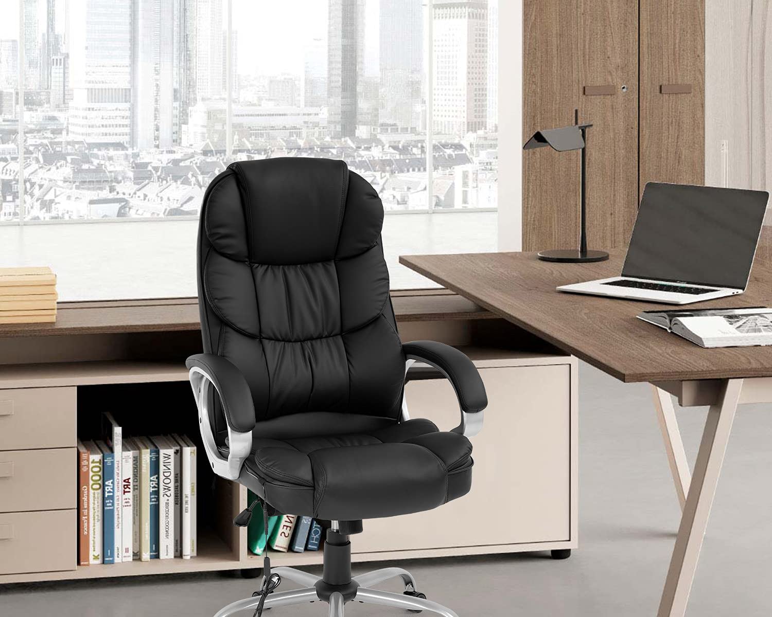 Office Chair Massage Desk Chair High Back Adjustable Ergonomic Computer Chair with Lumbar Support Headrest Armrest Task Chair Rolling Swivel PU Leather Executive Chair, Black