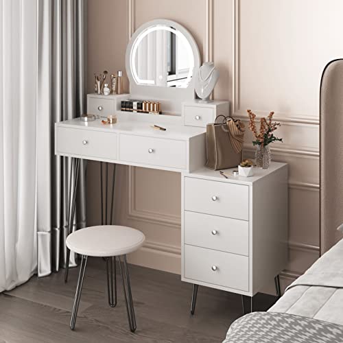 Fameill Makeup Vanity Desk with Lighted Mirror,White Vanity Table Set with Round Mirror,3 Color Touch Screen Dimming Mirror,7 Drawers Bedroom Dressing Table with Soft Cushioned Stool