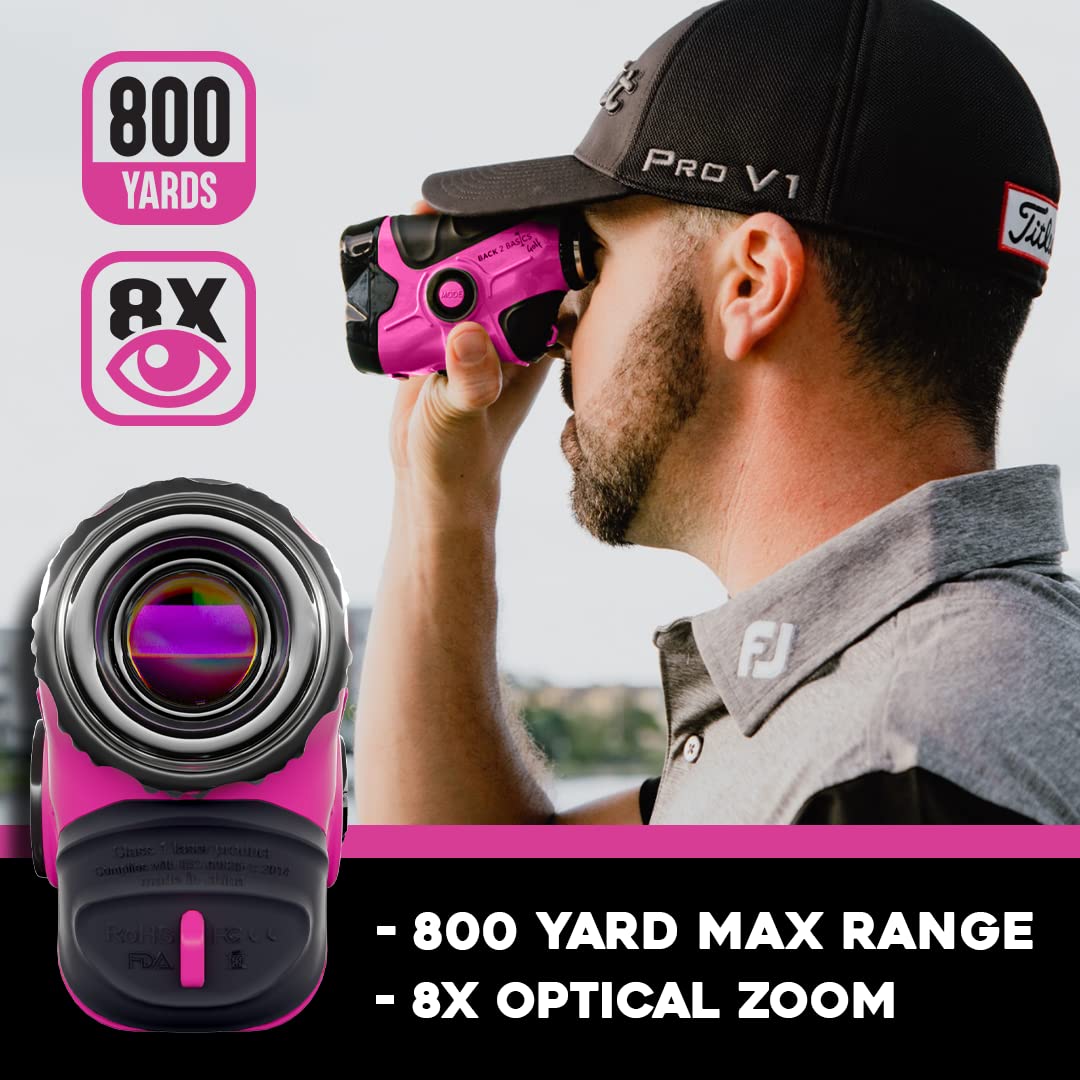BACK 2 BASICS GOLF | Pro Vision Golf Rangefinder with Slope, 8X Zoom, 800 Yards | Pink | Waterproof Range Finder with 3 Modes | Adjustable Lens | Golf Distance Yardage Device | Premium Golf Gear