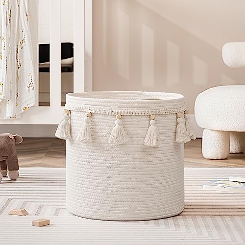 UBBCARE Decorative Cotton Rope Basket-14 x 15 in, Boho Woven Storage Basket with Tassel, Macrame Basket for Organizing Towels, Baby Toys, Cute Storage basket for Nursery