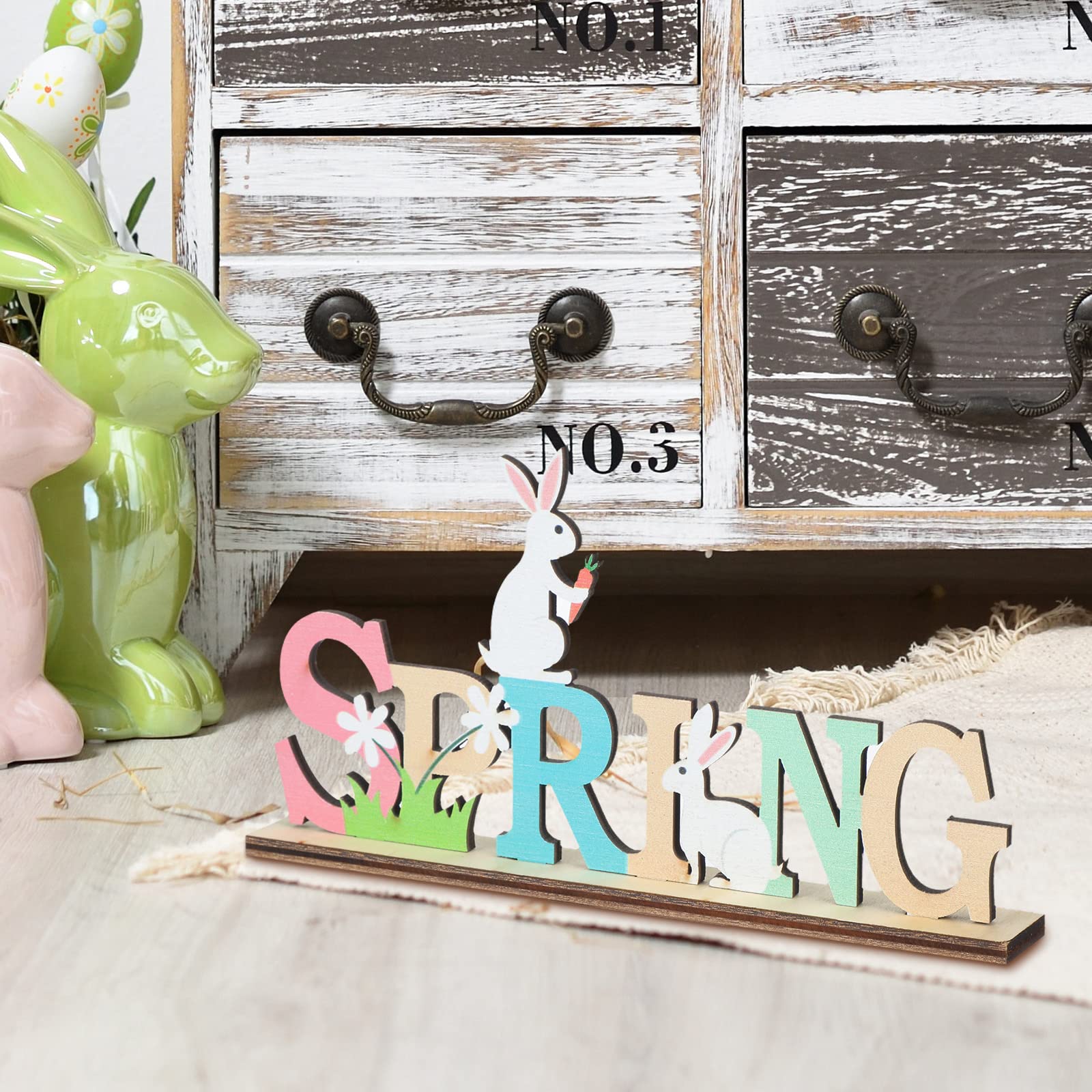Jetec Easter Decorations Spring Bunny Tabletopper Bunny Rejoice Easter Egg Centerpiece Easter Figurines Tabletopper Ornaments for Spring Easter Indoor Outdoor Garden Yard Lawn Patio Party Decoration