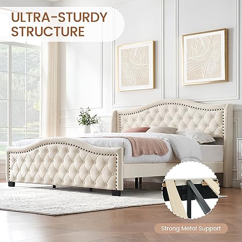 GAOMON King Size Upholstered Platform Bed Frame with Tall Headboard, Luxurious Velvet Button Tufted and Nailhead Trim Wingback, Arched Footboard, No Box Spring Needed, Beige