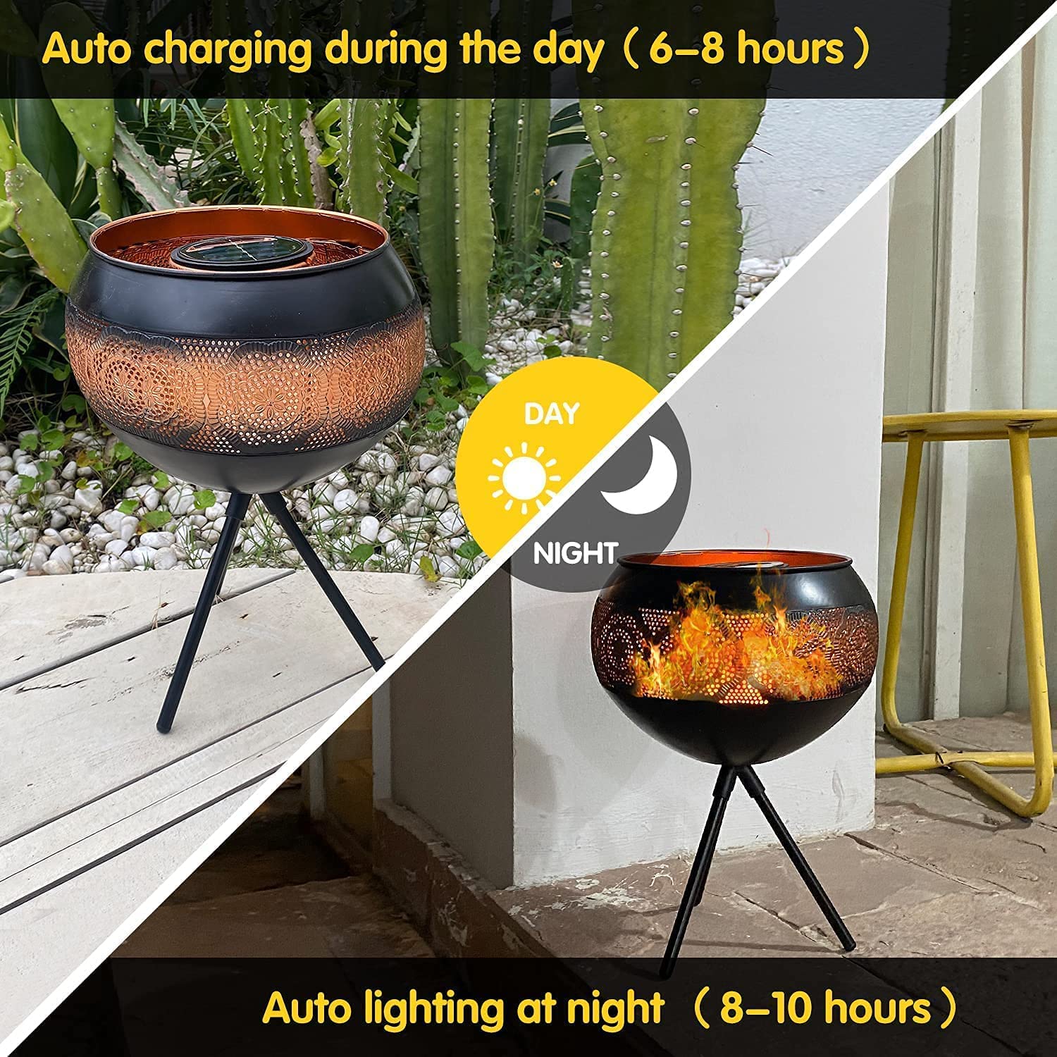 Larekook Outdoor Lantern Flickering Flame Light Solar Floor Lamp Waterproof Retro Lantern Metal Brazier Light Decor for Yard Patio Garden (Auto On/Off)