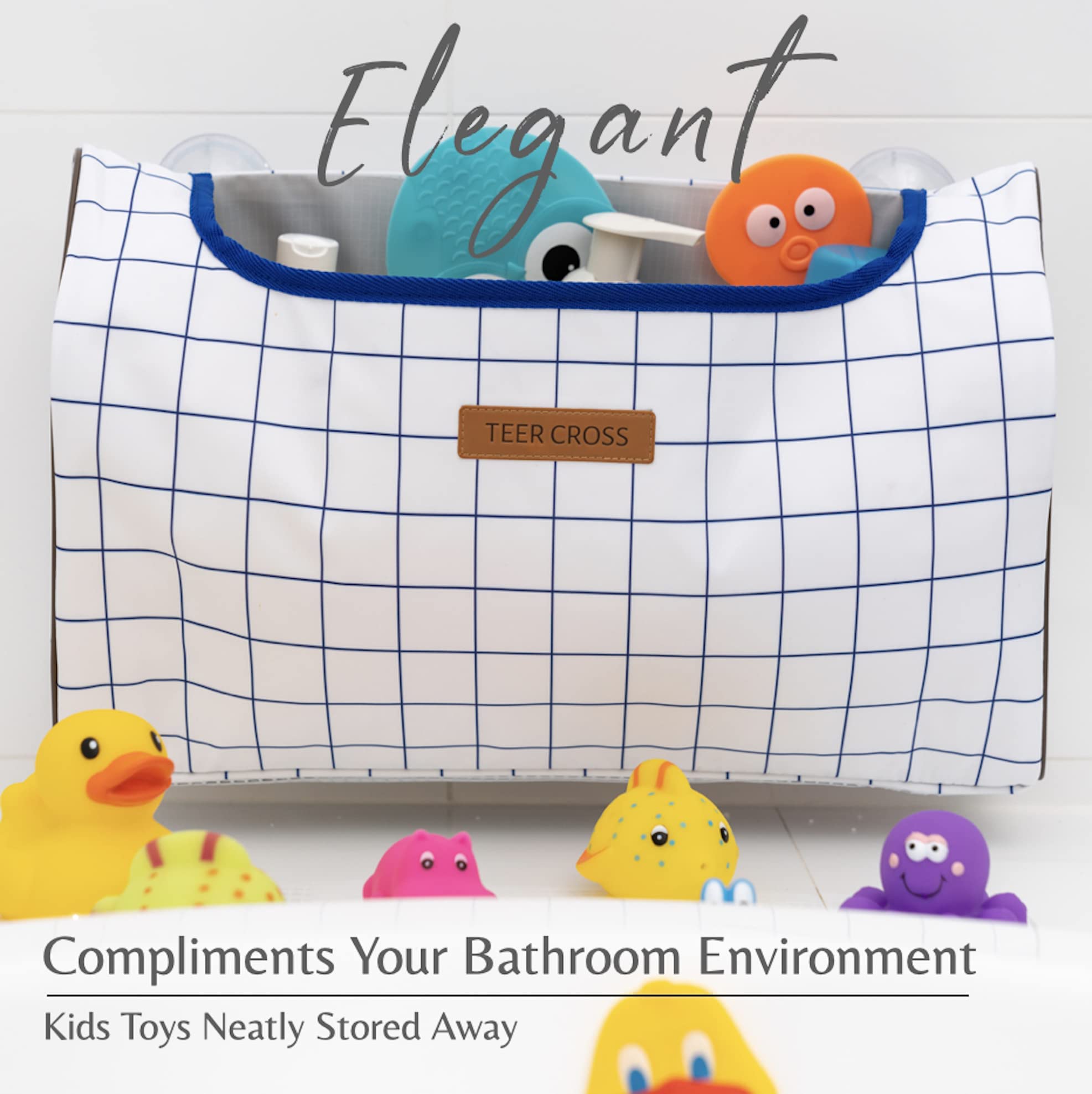 Large Bath Toy Storage with A Quick Dry Mesh Base. Sturdy Bath Toy Holder with 3 Strong Suction Cups. The Bath Toy Organizer Keeps Your Bathroom Tidy. Bathtub Toy Holder (Blue Check)