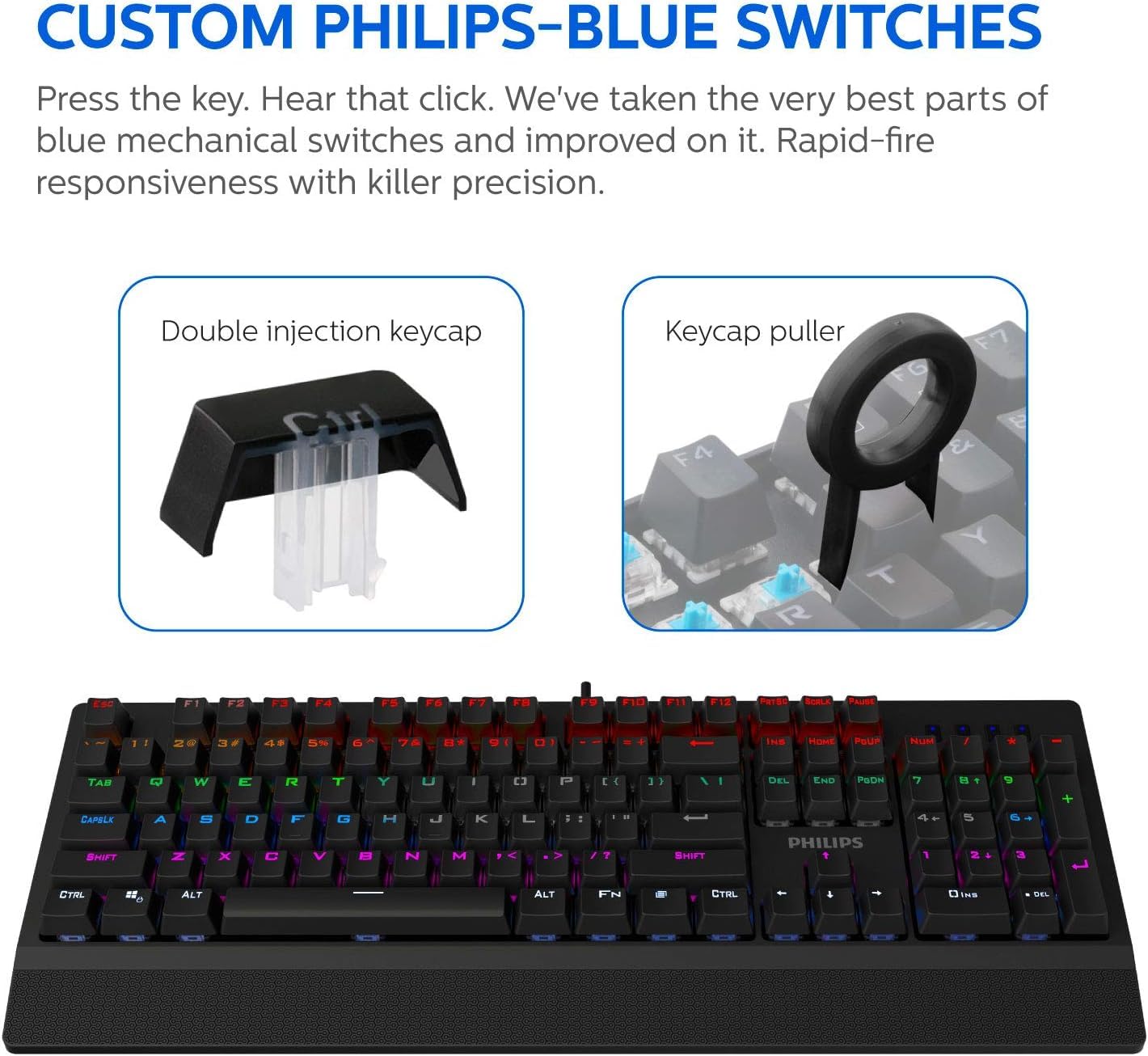 Philips Corded Mechanical Gaming Keyboard | RGB Ambiglow FX & Key Light Maps | Anti-Ghosting, N-Key Rollover | Clicky, Light-Touch Blue Switches (SPK8403)