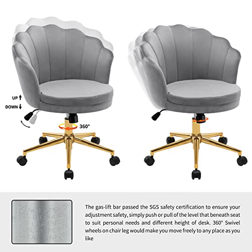 Furnimart Home Office Chair with Wheels Upholstered Comfy Velvet Desk Chair Stool, Adjustable Swivel Modern Seashell Back Vanity Chair for Living Room, Bedroom, Office (Grey)