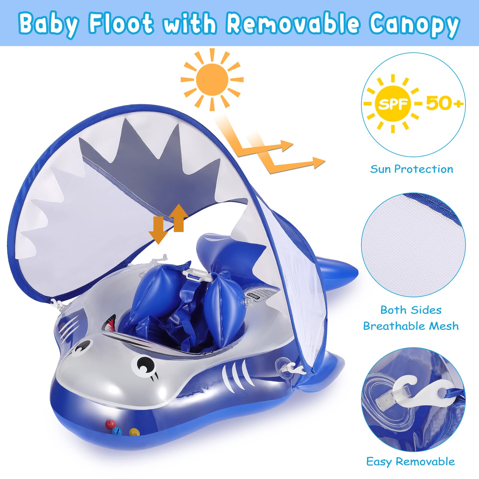 Baby Pool Float, Infant Swimming Float with Sun Protection Canopy Inflatable Floaties for Toddlers Shark Baby Swim Floats Ring for Pool Bath Toys for Newborn 3-36 Months