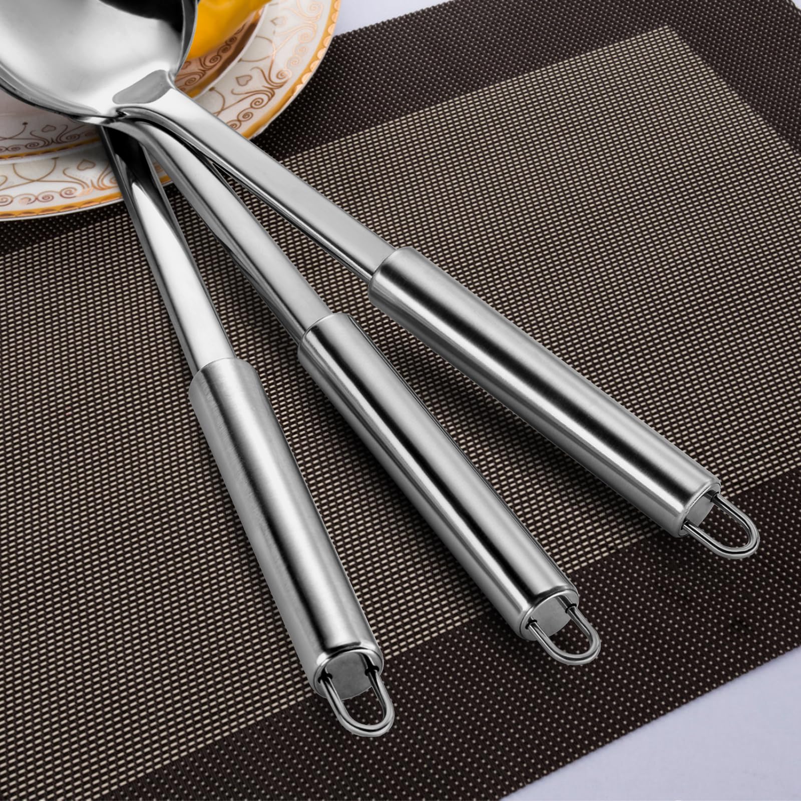 Pleafind Serving Utensils Set for Parties,3-Piece Silver Stainless Steel utensils set,Includes 1 Serving Spoon, 1 Slotted Spoon and 1 Soup Ladle,Serving Spoons for Buffet