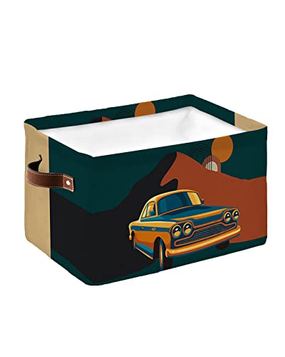 Storage Basket Boho Driving Car and Mountain Storage Bin with Handles,Abstract Geometry Arch Sun Collapsible Organizer Storage Cubes Bins for Closet,Laundry Clothes,Bathroom,Nursery Toys