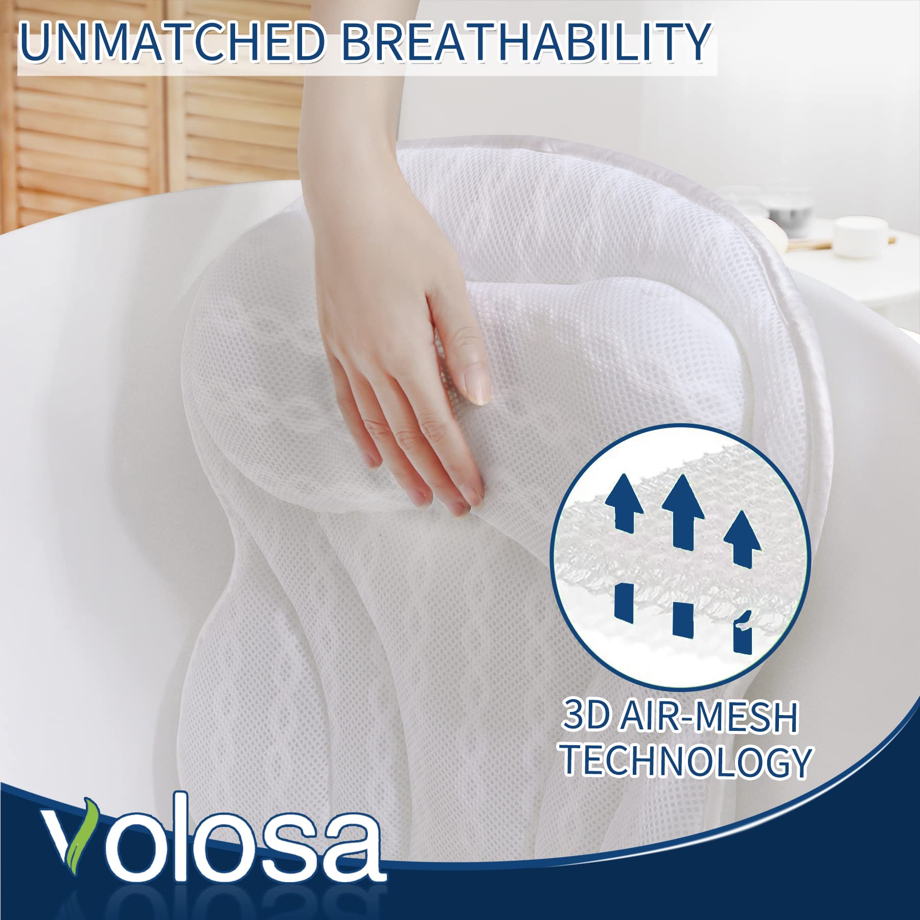 Bath Pillow for Bathtub, VOLOSA Bath Pillows for Tub Neck and Back Support, Luxury Bath Tub Pillow with 6 Suction Cup, 3D Air Mesh Headrest for Soaking Tub, Bubble Baths and Relaxing Spas