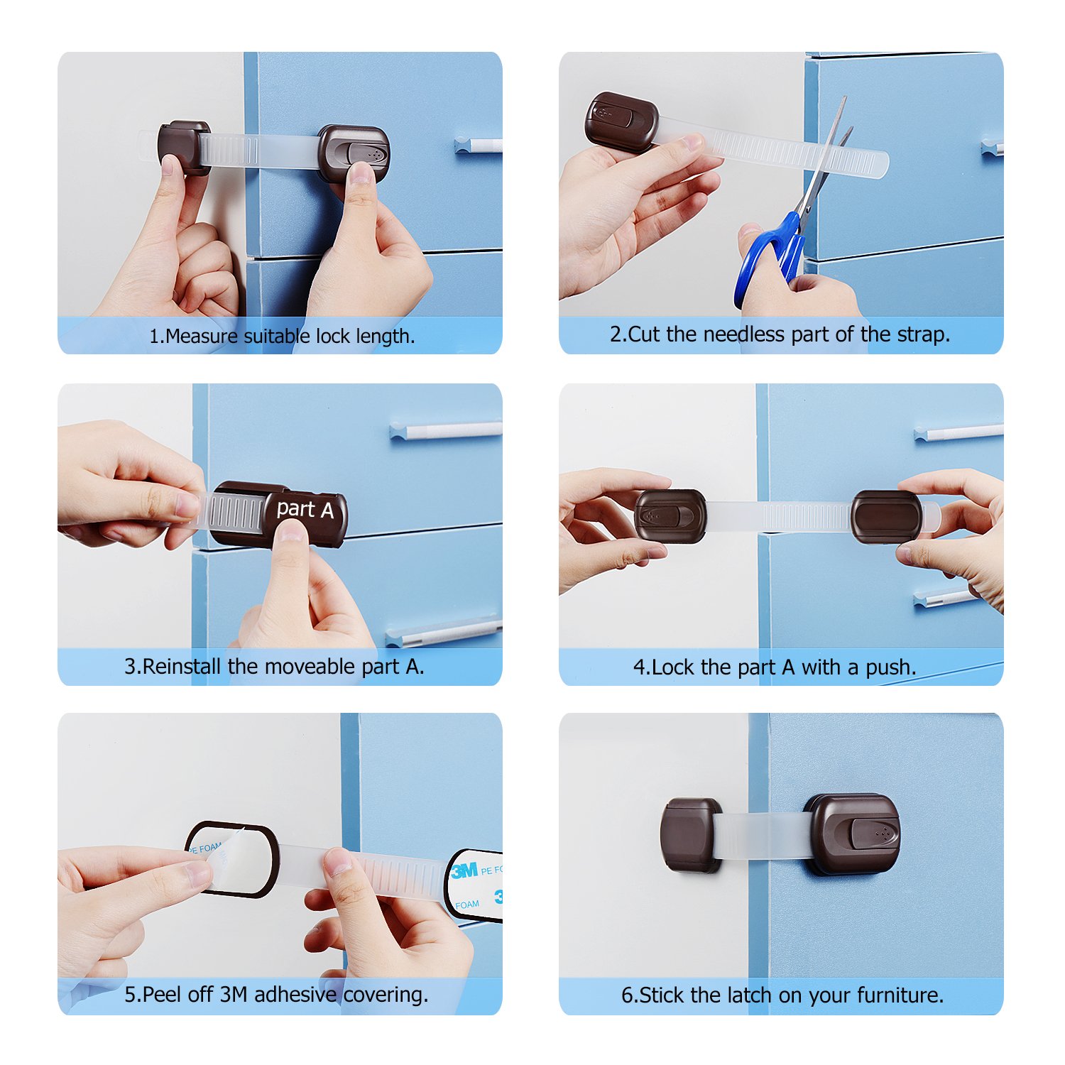 Baby Proofing Cabinet Lock, 6 Pack Baby Safety Cabinet Locks with Adjustable Strap and Latch for Cabinet Cupboard Drawer Doors, Super Safety Lock