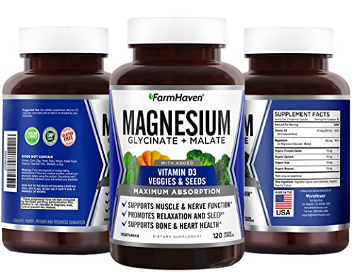 FarmHaven Magnesium Glycinate & Malate Complex w/Vitamin D3, 100% Chelated for Max Absorption, Vegan – Bone Health, Nerves, Muscles, 120 Capsules, 60 Days