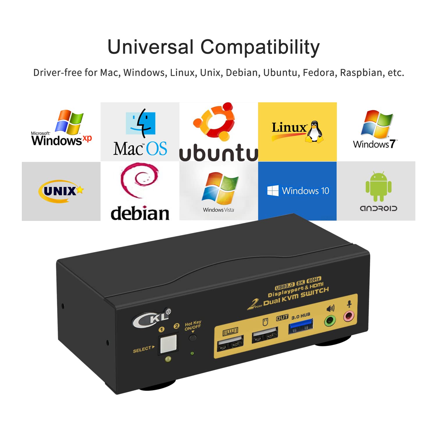 CKL 2 Port USB 3.0 KVM Switch Dual Monitor HDMI 2.0 4K@60Hz(HDMI Out) + DisplayPort 1.4 8K 30Hz 4K 120Hz 144Hz (DP Out), Keyboard Video Mouse Peripherals Switcher for 2 Computers 2 Monitors with Audio