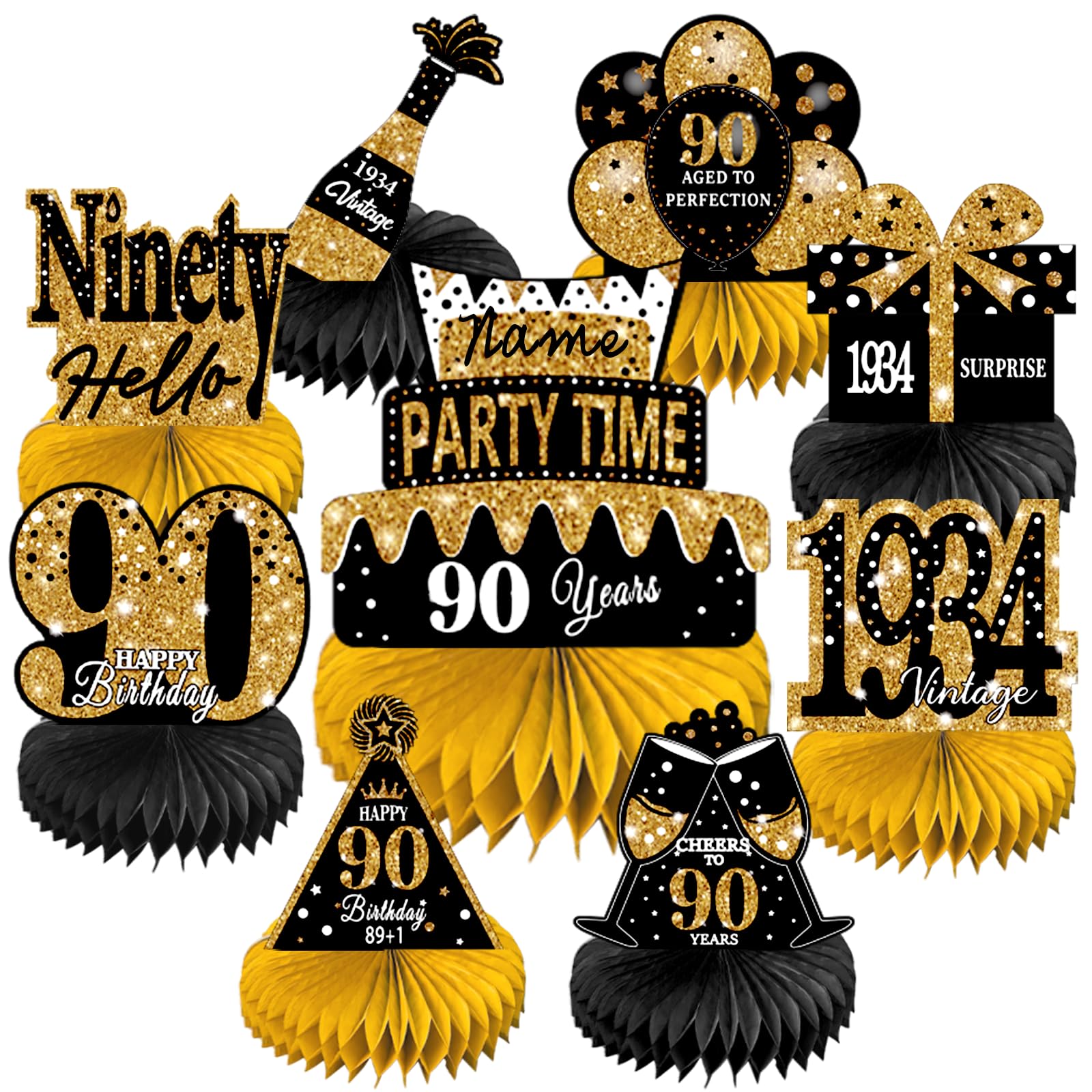 LINAYE 90th Birthday Decorations for Men Women, Black and Gold Honeycomb Centerpieces for 90 Year Old Birthday Party,90th Birthday Centerpieces for Table,Vintage Ninety Birthday Decoration Decor
