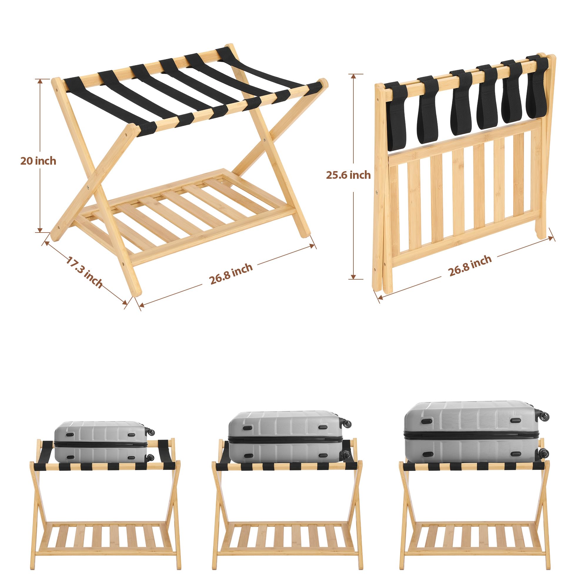 Lynxor 2-Pack Folding Luggage Racks, Foldable Bamboo Suitcase Stand with Storage Shelf, Luggage Holder with 6 Nylon Straps for Hotel Guest Room Bedroom, Nature 2Pcs