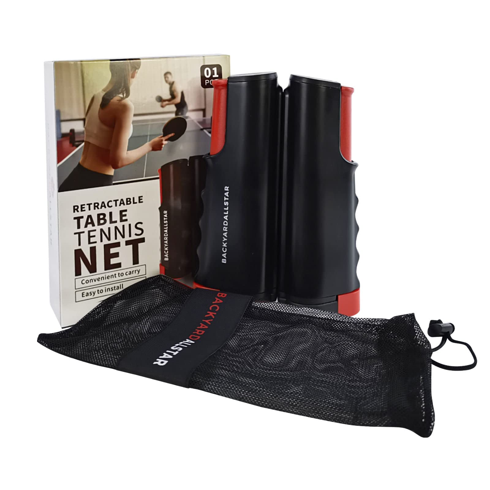 Backyard All Star Retractable Portable Table Tennis Net/Ping Pong Net with Storage Bag to Play Any Table up to 70 inch Wide and 2 inch Thick., Black