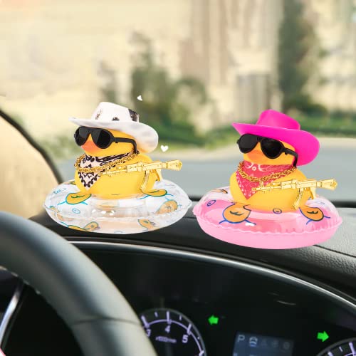 wonuu Car Rubber Duck Decoration, West Cowboy Duck Car Dashboard Decoration Accessories with Mini Swim Ring Cowboy Hat Scarf and Sunglasses(A_Pink Sunglass Cowboy hat