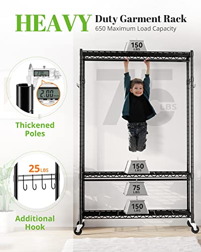 HOKEEPER Heavy Duty Wire Garment Rack Clothes Rack with Shelves and Double Rods, Rolling Clothing Rack for Hanging Clothes, Portable Freestanding Closet Storage Shelves Rack with Wheels and Hooks