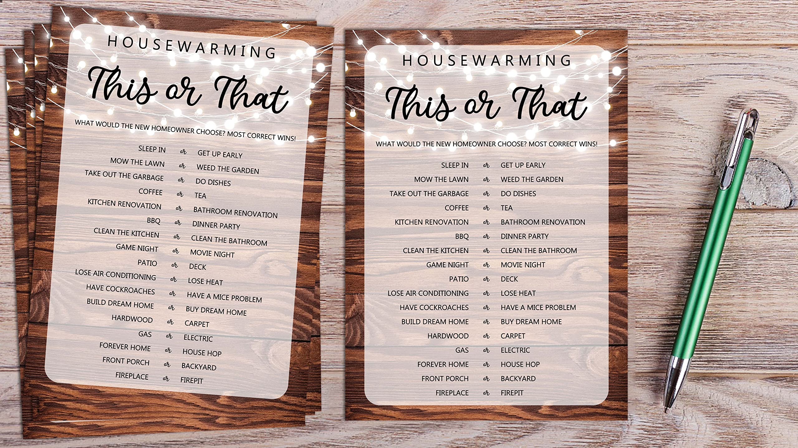 Housewarming Party Games, This or That, Rustic New Home, New House, New Homeowner Party Games Cards, 30 Sheets Each Pack