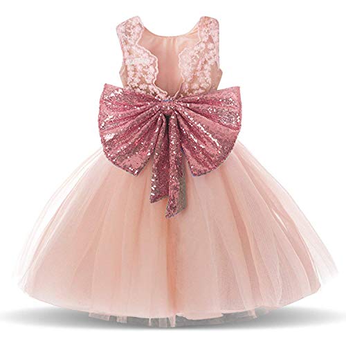 Pink Backless Sequin Elegant Tutu Fluffy Pageant Wedding Dresses for Toddler Baby Kids Elegant Bridesmaid Clothes Romantic Vintage Birthday Bow Skirt Size 12-18 Months Age 1-2 Pink 90