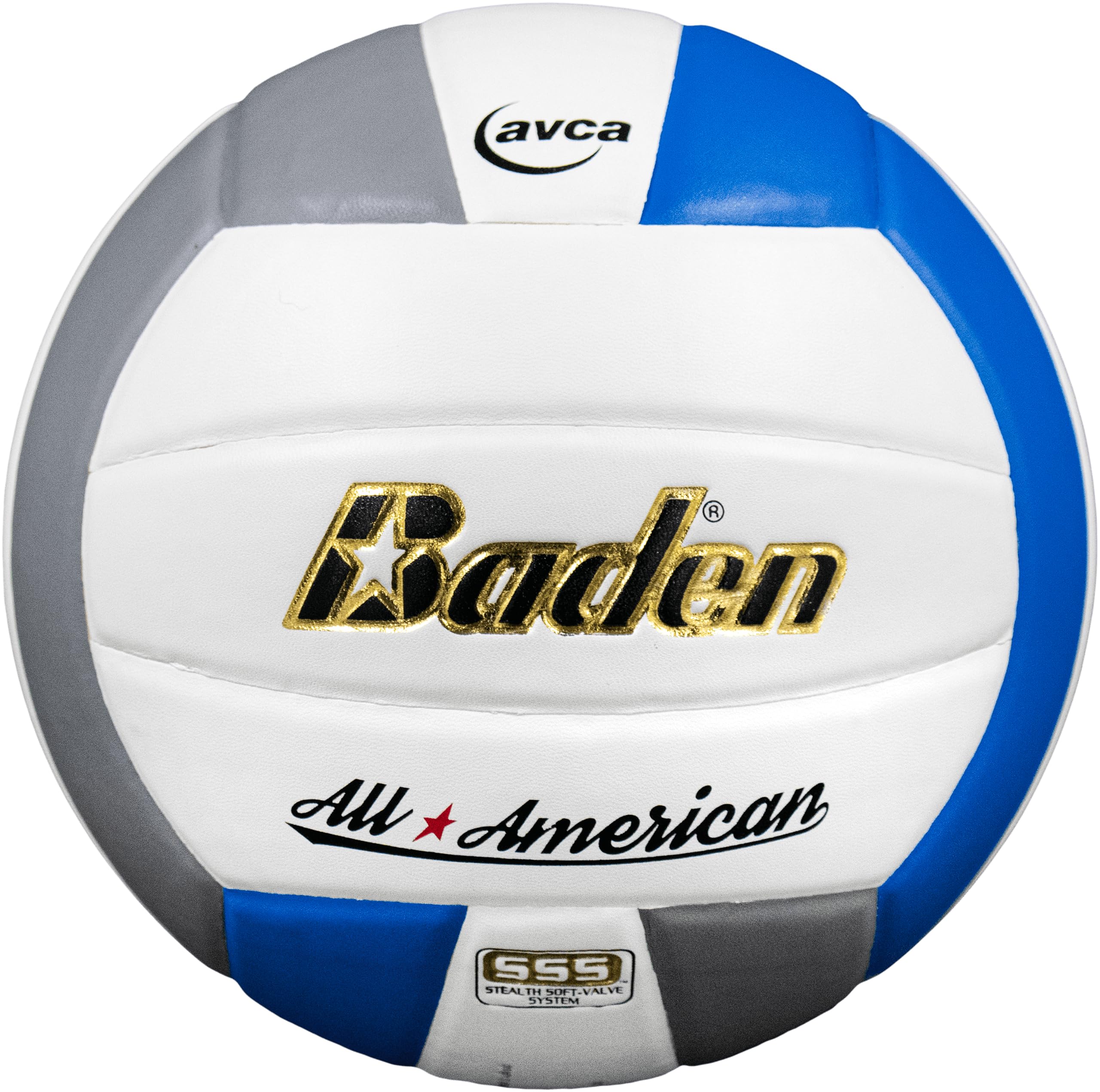 Baden | All American | Premium Composite Leather Feel | Indoor Tournament Volleyball | Built for Club Volleyball 13U to 18U | Official Size + Weight | Grey/Blue/White | AVCA Approved