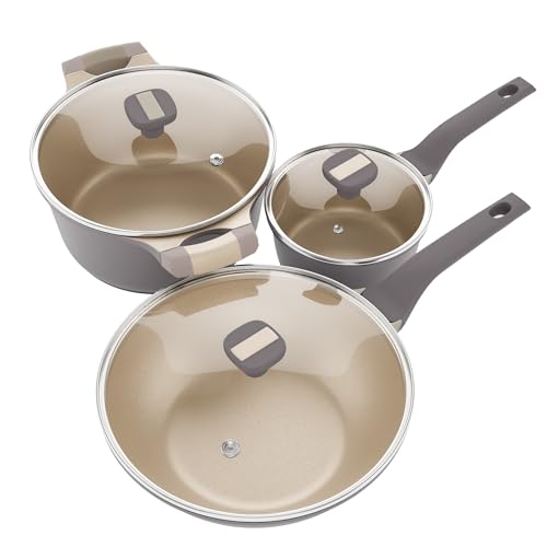 ASKSCICI Pots and Pans Set Nonstick, 6 Pcs Induction Kitchen Cookware Sets, Non Stick Cooking Set with Deep Frying Pan, Non-toxic, PFOA & PFOS Free, Dishwasher Safe, Gray