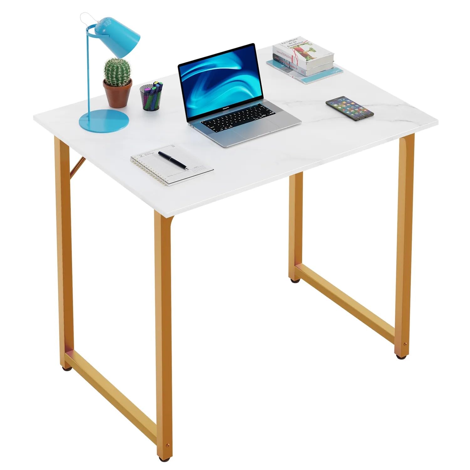 Ckofgdsue 32 Inch Small Computer Desk for Bedroom,Sturdy Wooden Home Office Desk for Small Spaces,Simple Modern Style Tables with Metal Desk Legs Writing Study Table for Adults&Kids,White Gold