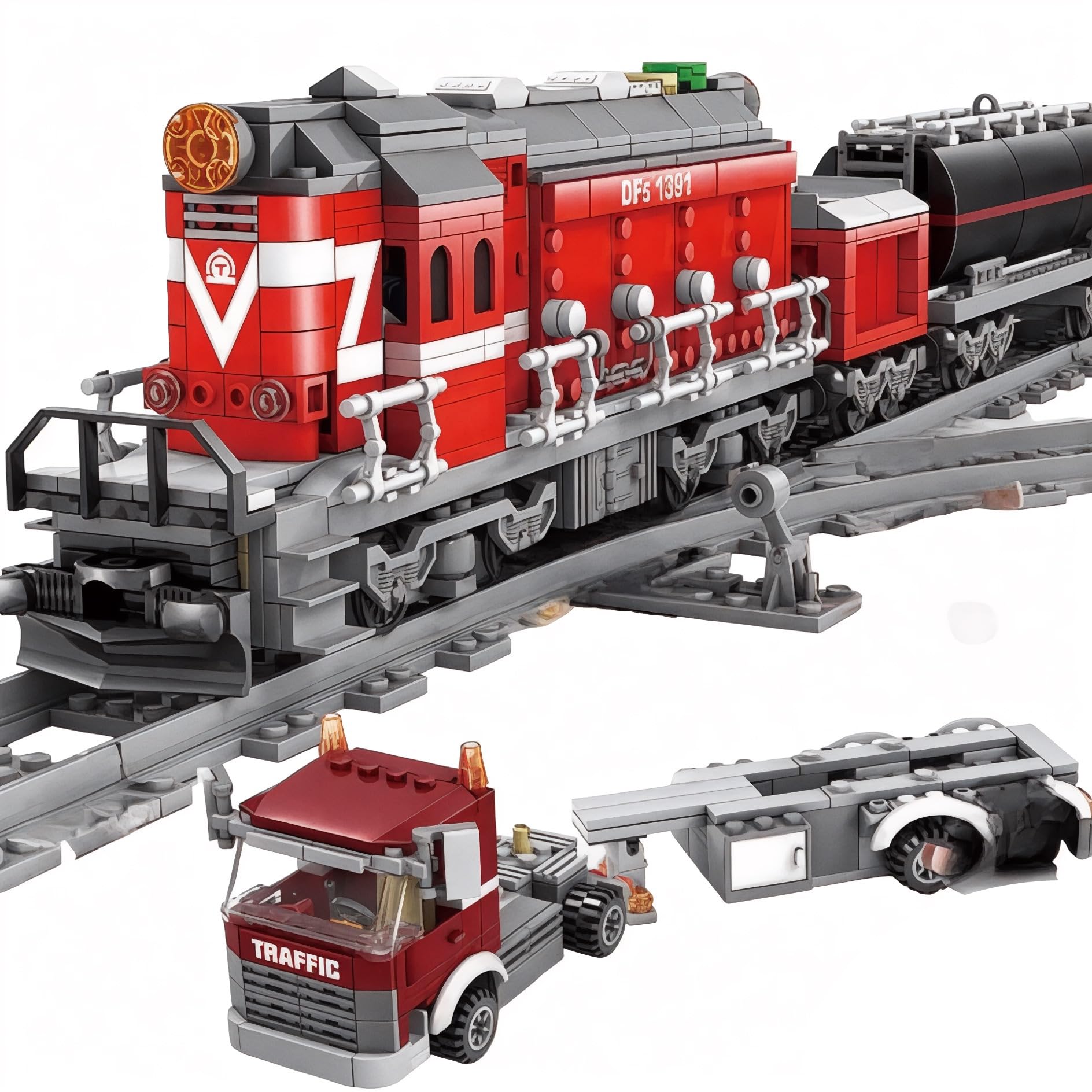 General Jim's Red Diesel Cargo Train Building Blocks Set - 1000+ Piece City Series with Automatic Running System, Railway Tracks, and Truck - Compatible with Major Brick Building Brands